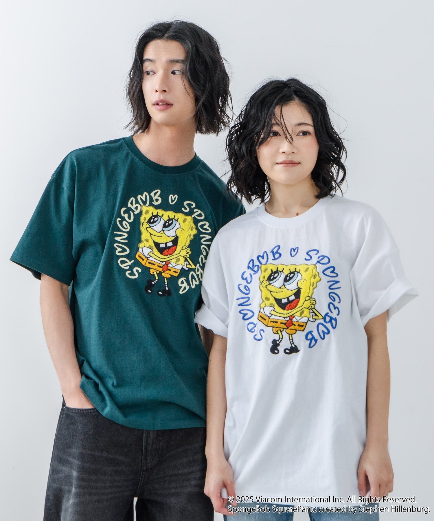 【SPONGEBOB/スポンジ・ボブ】 オリジナルデザイン 刺繍 Tシャツ ドロップショルダー ビッグシルエット ユニセックス